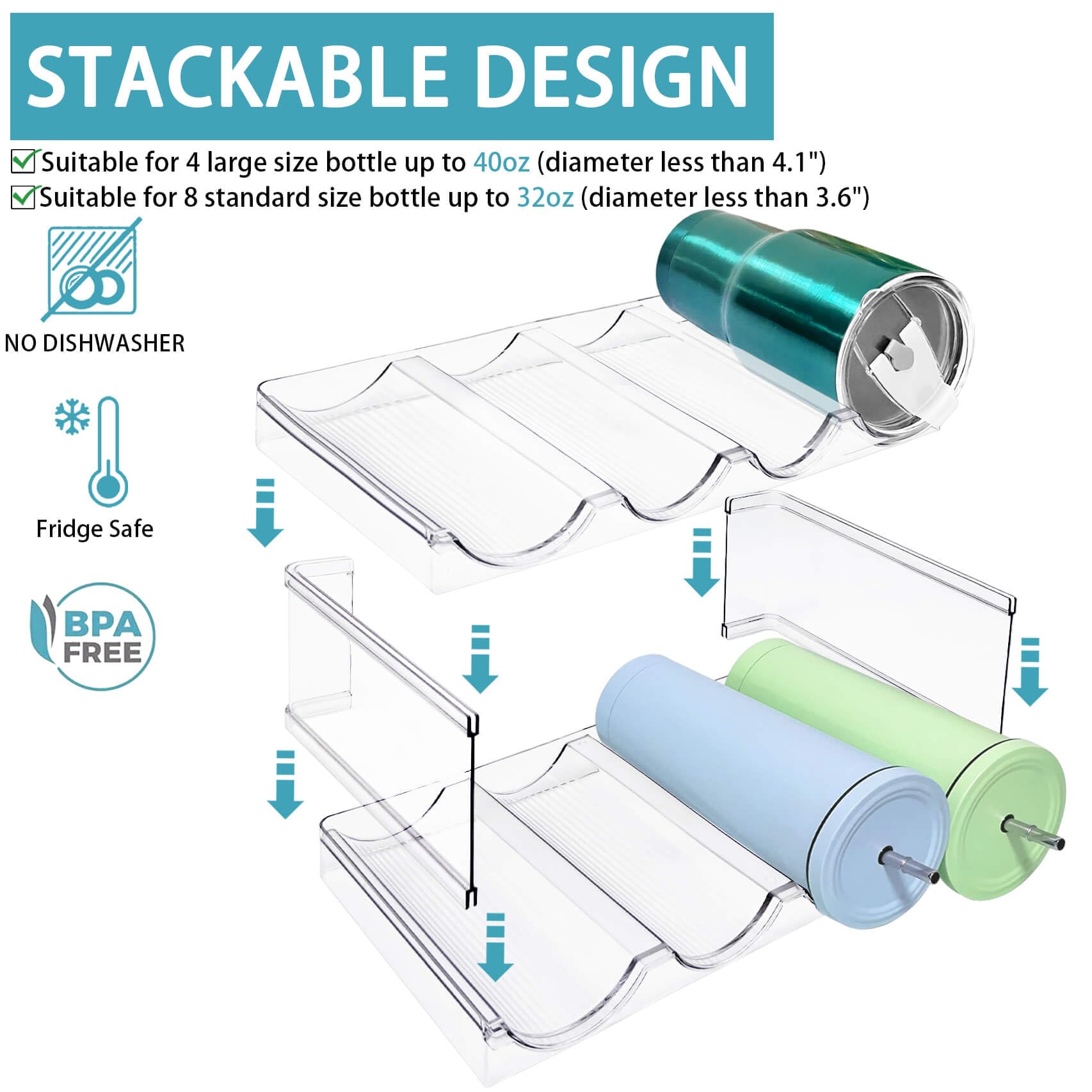 4 Pack Water Bottle Organizer, Large Compartment Stackable Kitchen Pantry Organization and Storage Rack, Plastic Water Bottle Holder for Kitchen Cabinet Organizer and Storage, Tumbler Mug Cup Shelf