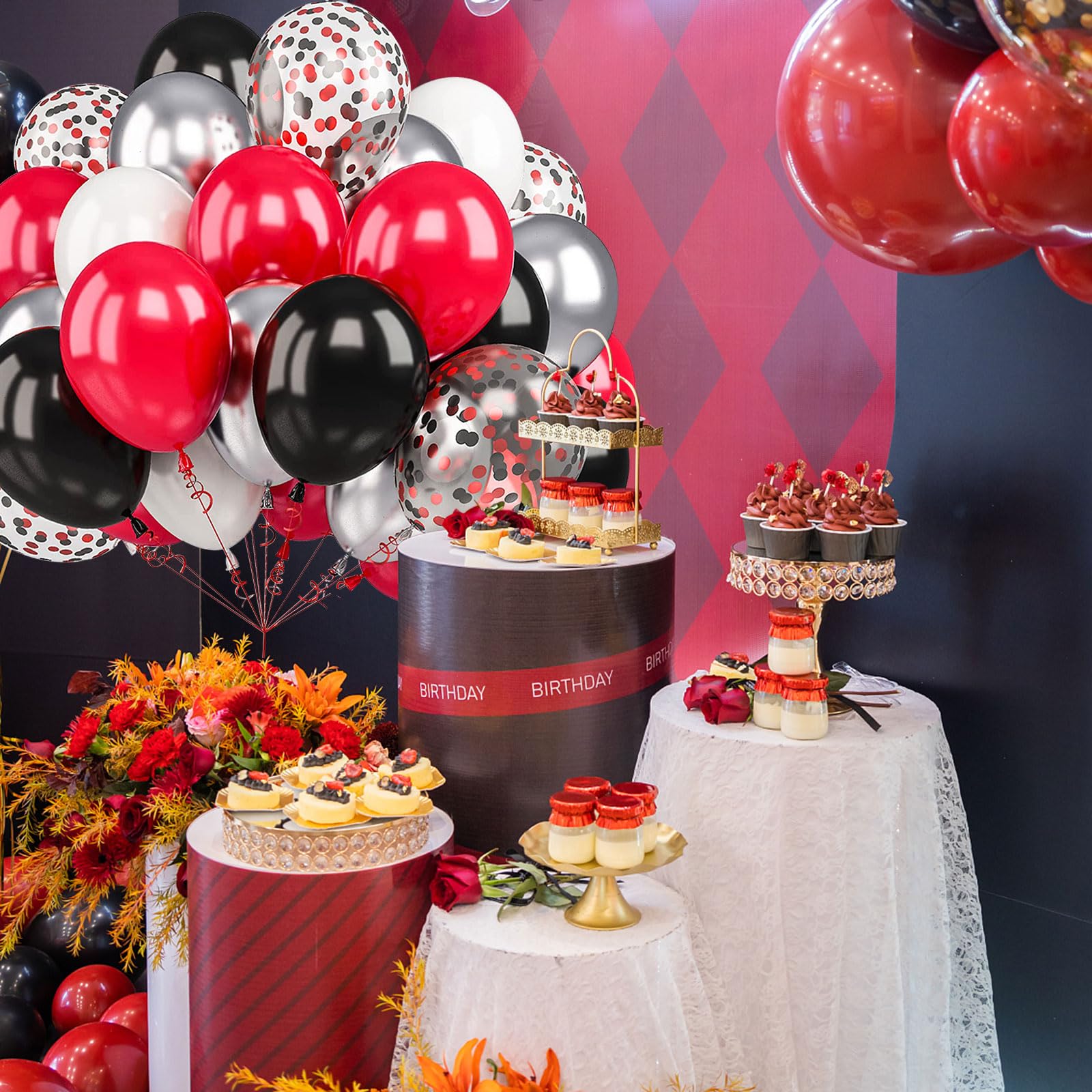 50pcs 12inch Red Black White Silver Balloons and Black Red Confetti Balloons for Graduation Wedding Birthday Baby Shower Party Decorations