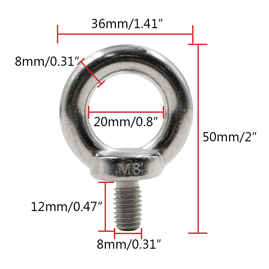Hxchen 5Pcs M8x12 304 Stainless Steel Eye Bolt Male Thread Lifting Ring Eyebolt Screws Machinery Shoulder
