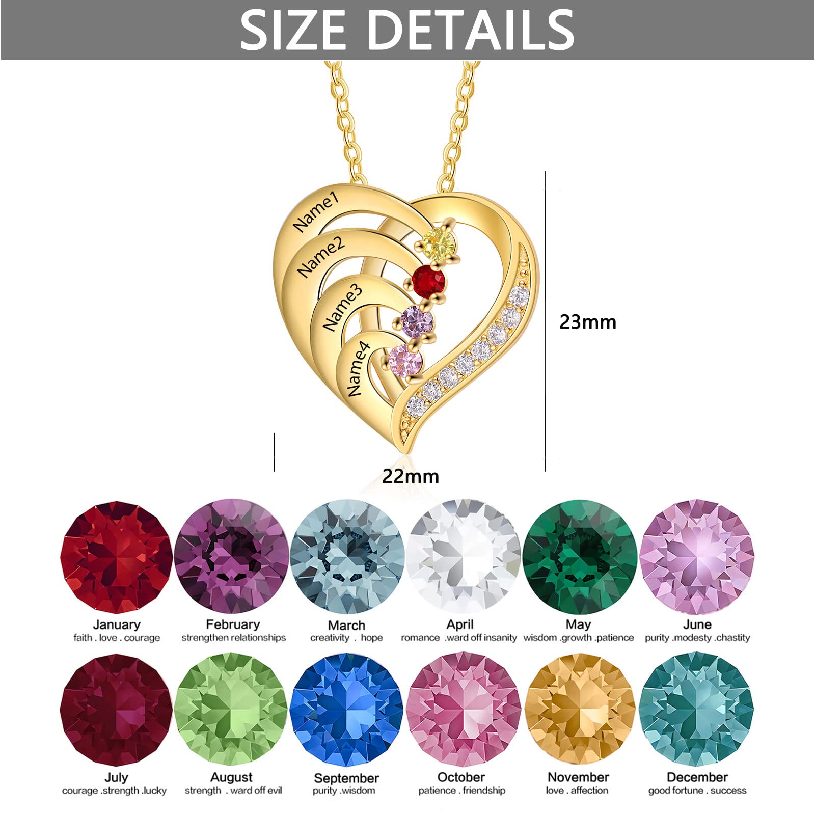 MRENITE 10K/14K/18K Solid Gold Personalized Mom Necklace with 4 Birthstone Name Heart Necklace Engraved 4 Names for Mom Wife
