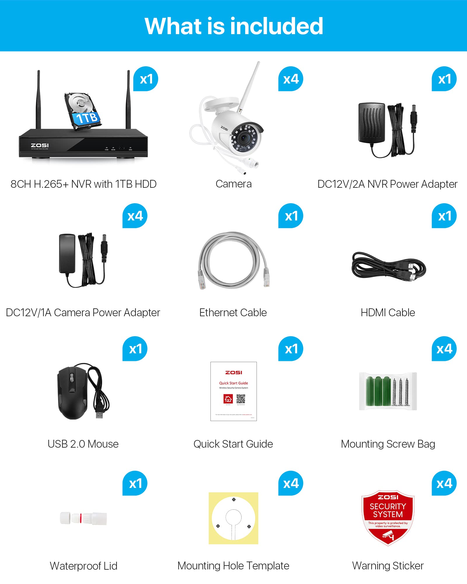 ZOSI 8CH 2K WiFi Security Camera System with 1TB HDD,3MP H.265+ 8 Channel NVR Recorder,4pcs 3MP Outdoor WiFi IP Cameras,Night Vision,Smart Motion Detection,Remote Access,for Home 24/7 Recording