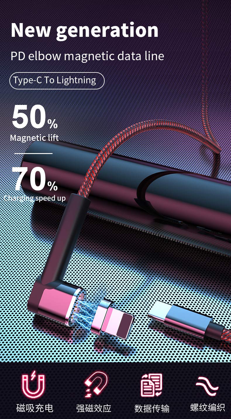 Strong Magnetic USB C to iOS 16 PD Fast Charging Cable, Right Angle, 90 Degree, 8 pin Data Syncing L-Tip 27W 20W 9V3A Cord, Nylon Braided for iPhone 14 13 12 Mini Pro Max 11 Xs Xr iPad Air, 1.2m 4ft