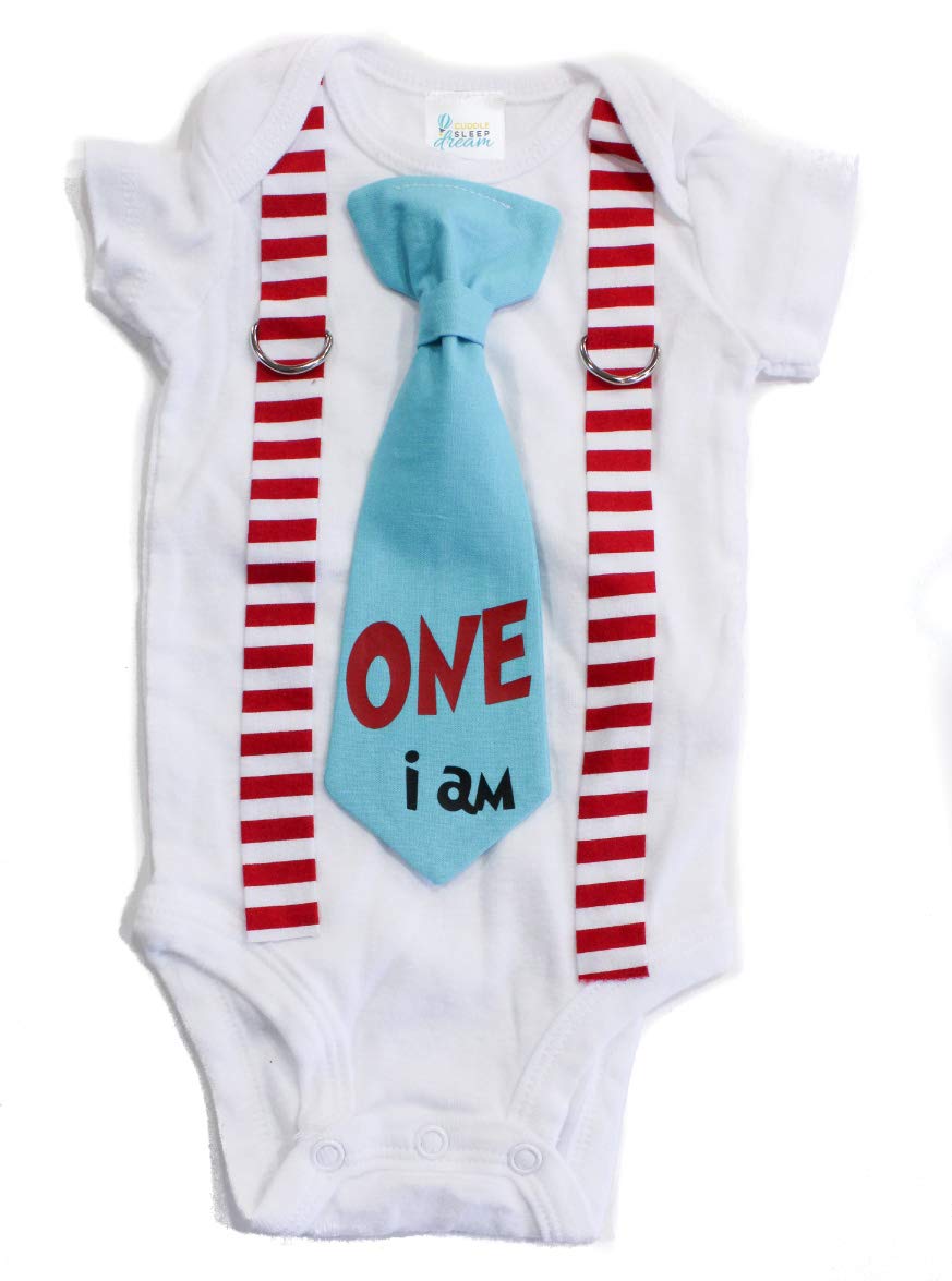 Cuddle Sleep Dream Baby Boy 1st Birthday Outfit Cake Smash Bodysuit With Tie and Suspenders Birthday Shirt (18 Month, One I Am)