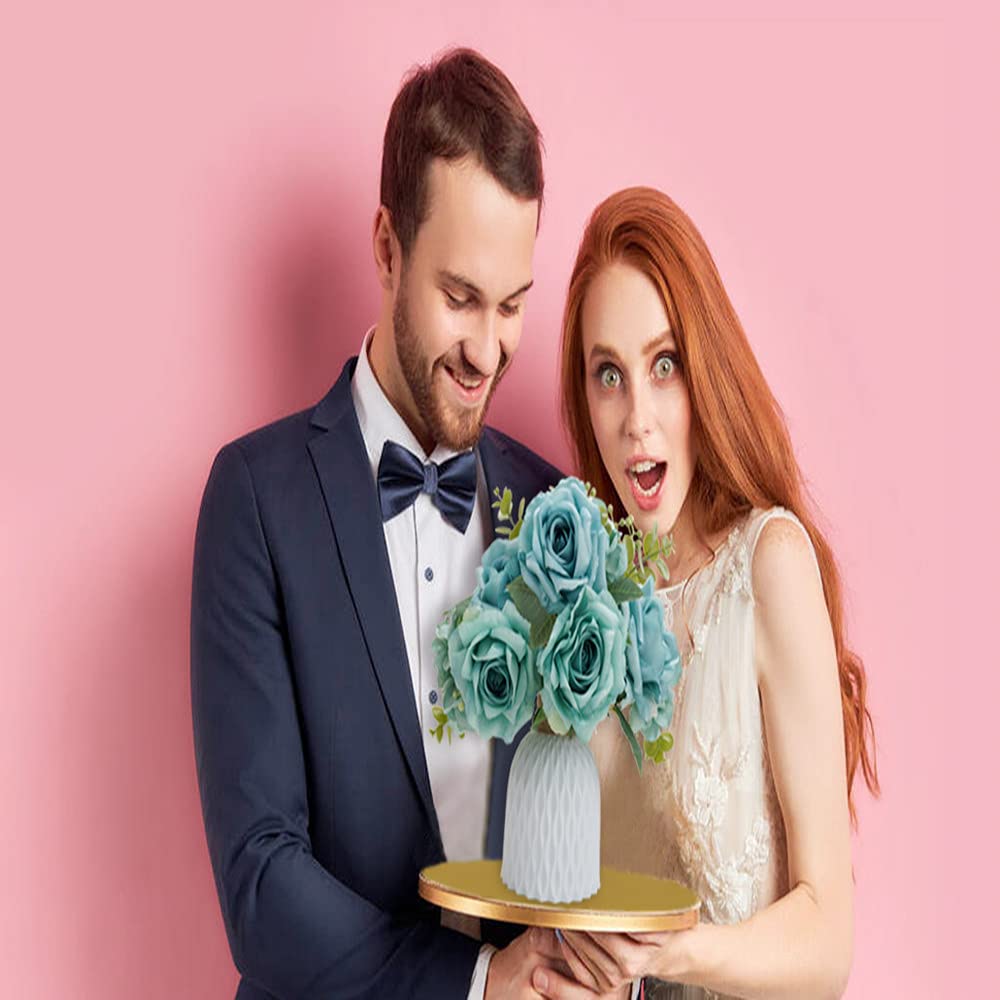 Artificial Flowers Set and vase, Combination Arrangements for Home Garden Party Wedding ,Fake Rose Flowers Bedroom Living Room Kitchen Office Decoration ( Blue Flowers White vase