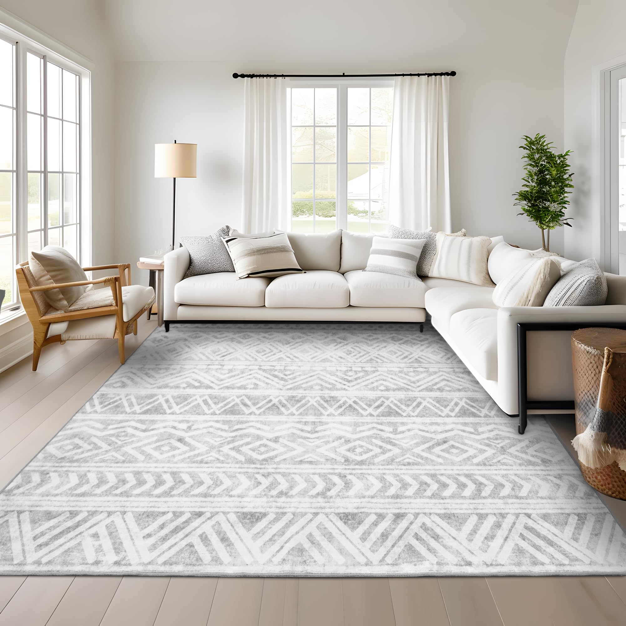 5x7 Area Rugs for Living Room, Ultra Soft Boho Moroccan Washable Carpet, Neutral Non-Slip Backing Dining Room Rugs, Low Pile Carpet for Bedroom Home Office