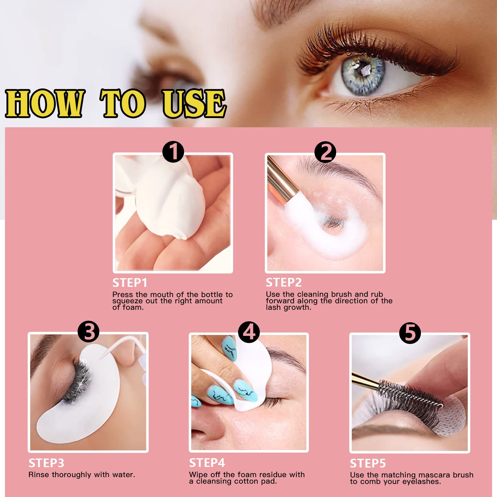 3.38OZ Eyelash Extension Cleanser Lash Mousse Lash Shampoo for Extensions, Natural Lashes Makeup & Mascara Remover Professional & Self Use with Cotton Puff Lash Cleanser 3.38Oz