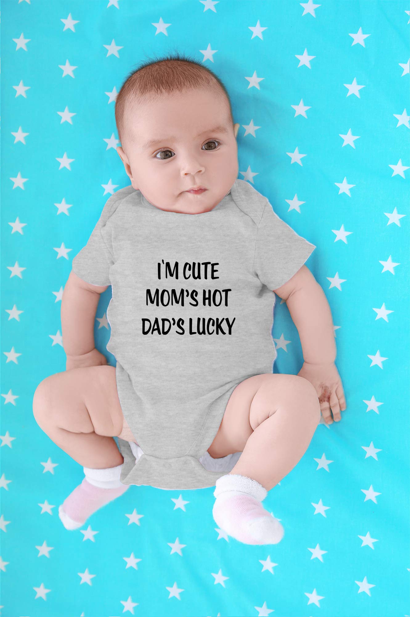 Crazy Bros Tees I'm Cute, Mom's Hot, Dad's Lucky Baby Bodysuit Adorable Unisex Romper Boy Newborn Clothes (6 Months, Heather Grey)