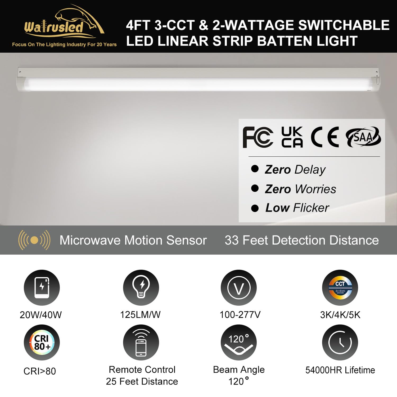 2 Pack 4FT Tri-Level Motion Sensor LED Linear Strip Stairwell Light with Remote 2 Watt CCT Selectable 20W/40W 2500lm/5000lm 3000K/4000K/5000K Dimmable 4 Foot Commercial Shop Ceiling Light Fixture, FCC