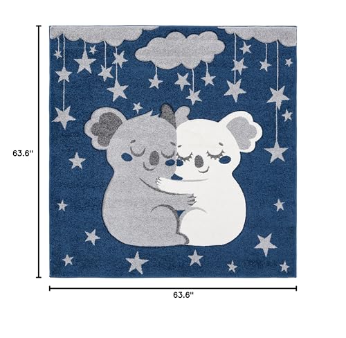 SAFAVIEH Carousel Kids Collection 5'3" Square Navy/Grey CRK195N Koala Hug Non-Shedding Nursery Playroom Area Rug