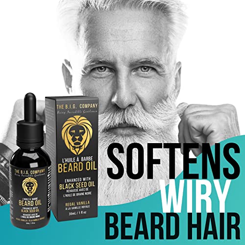 Beard Oil for Men - Beard Conditioner is a Softener for Coarse Dry Beards - Supports Natural Growth - Enhanced with Black Seed Oil - Eliminates Dandruff - Regal Vanilla Scented - The B.I.G. Company