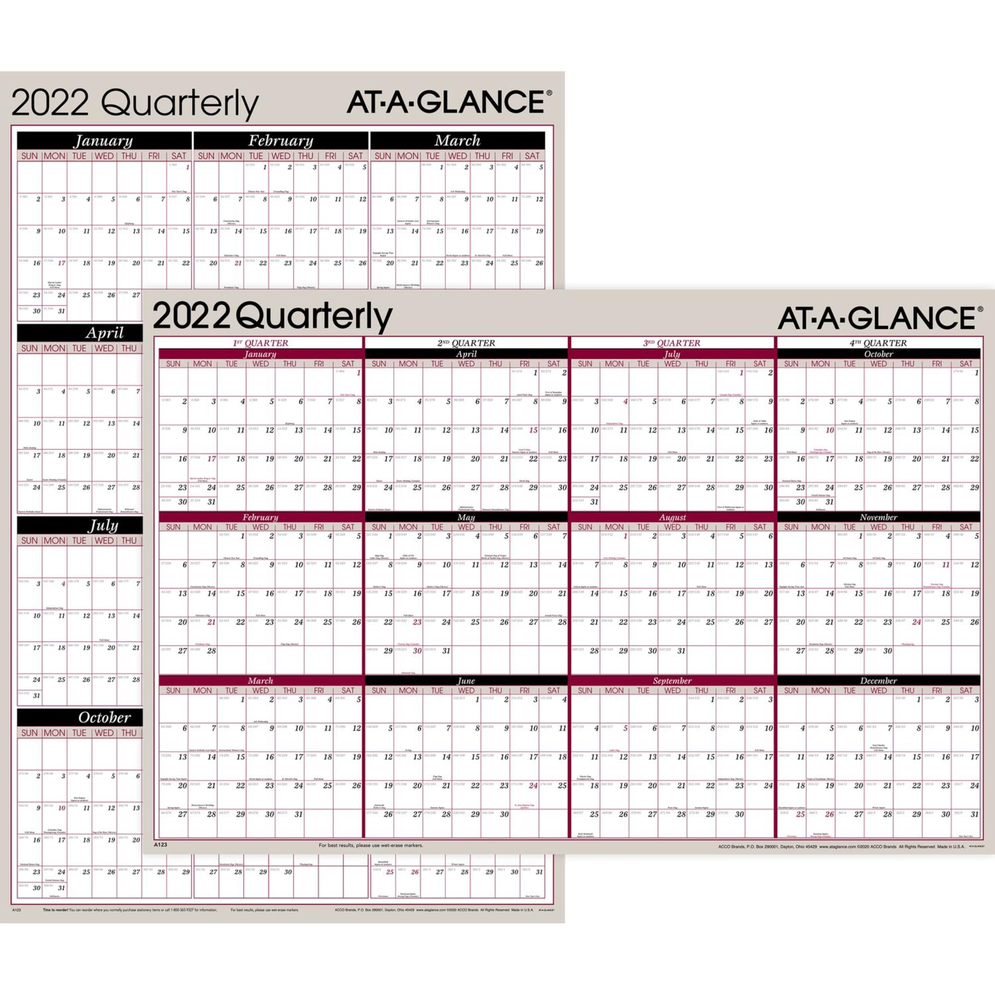 2022 Erasable Calendar, Dry Erase Wall Planner by AT-A-GLANCE, 36" x 24", Large, Vertical/Horizontal, Reversible, Quarterly, Red (A123)