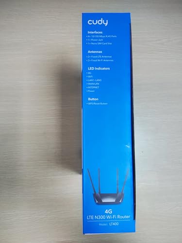 Cudy N300 WiFi Unlocked 4G LTE Modem Router with SIM Card Slot, 300Mbps WiFi, LTE Cat4, EC25-AFX Qualcomm Chipset, 5dBi High Gain Antennas, FDD, DDNS, VPN, Cloudflare, Plug and Play, LT400