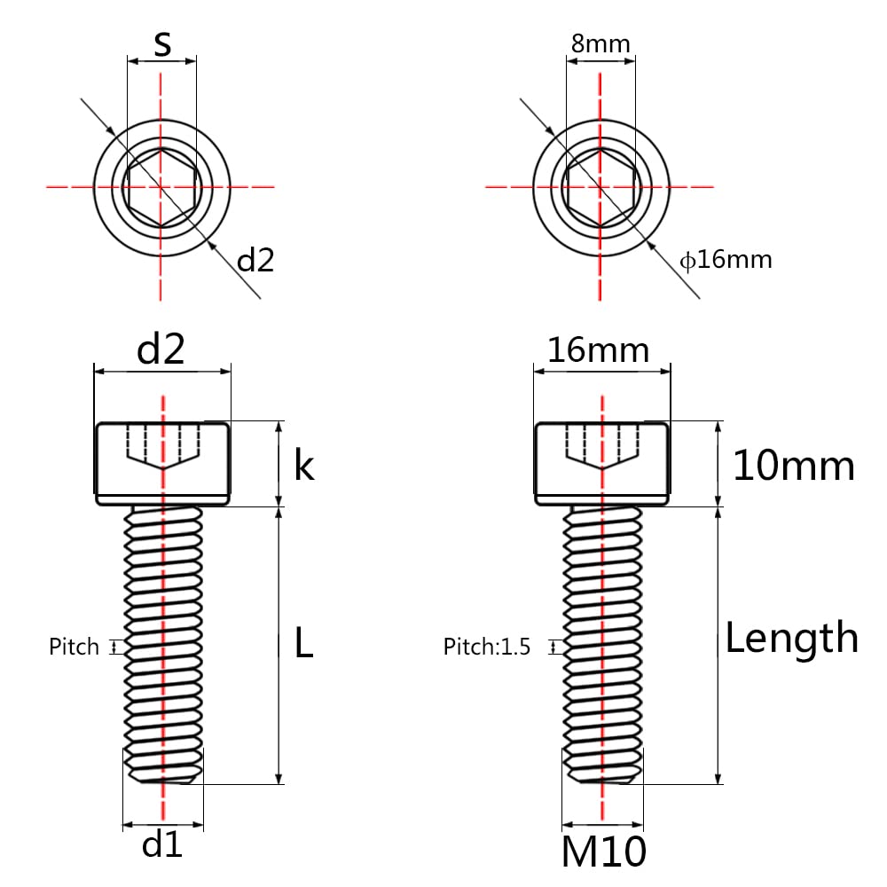 Wanyifa Titanium Cap Allen Socket Head Bolts M10 20 25 30 35 40 45 50 55 60mm Screw Pack of 4 (M10x30mm Pitch 1.5mm, Black)