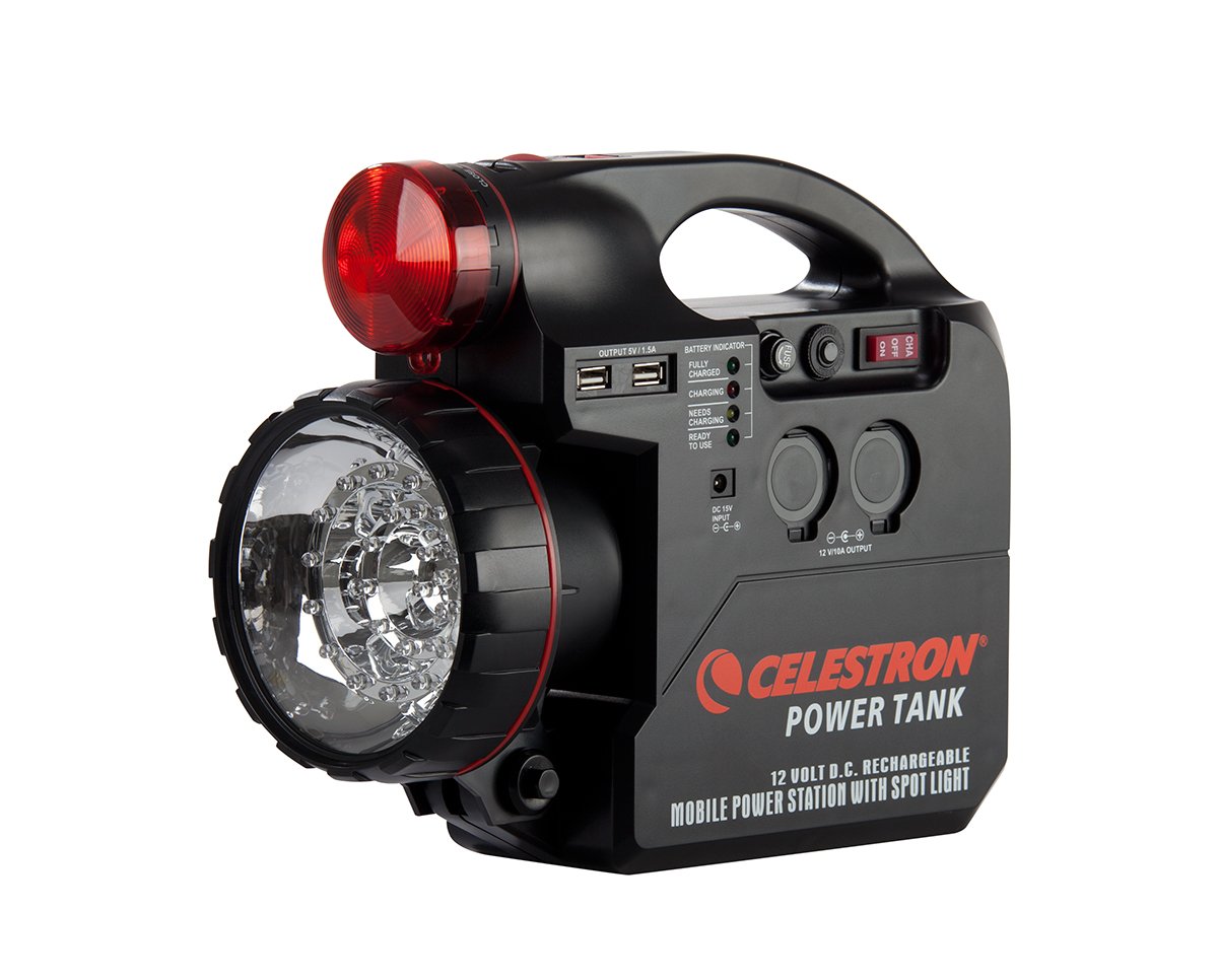 Celestron - PowerTank Telescope Battery - 12V Portable Power Supply - Emergency Kit - Red/White LED Flashlight - USB Ports & NexYZ 3-Axis Universal Smartphone Adapter