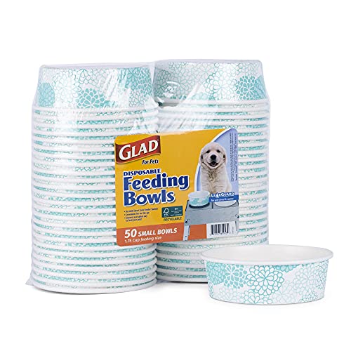 Glad for Pets Disposable Feeding Bowls | Small Dog Bowls in Teal Pattern | 1.75 Cup Feeding Size, 50 Count - Dog Bowls are Great for Dry and Wet Dog Food or Water