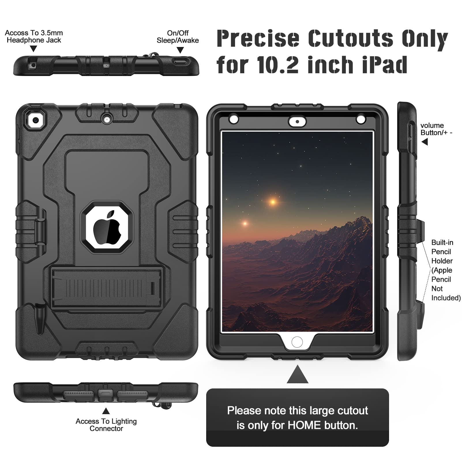 Rantice 9th Generation Case, 8th Generation Case, 7th Generation Case, Hybrid Shockproof Rugged Drop Protection Cover with Kickstand for 10.2'' 2021/2020/2019 Released (Black)