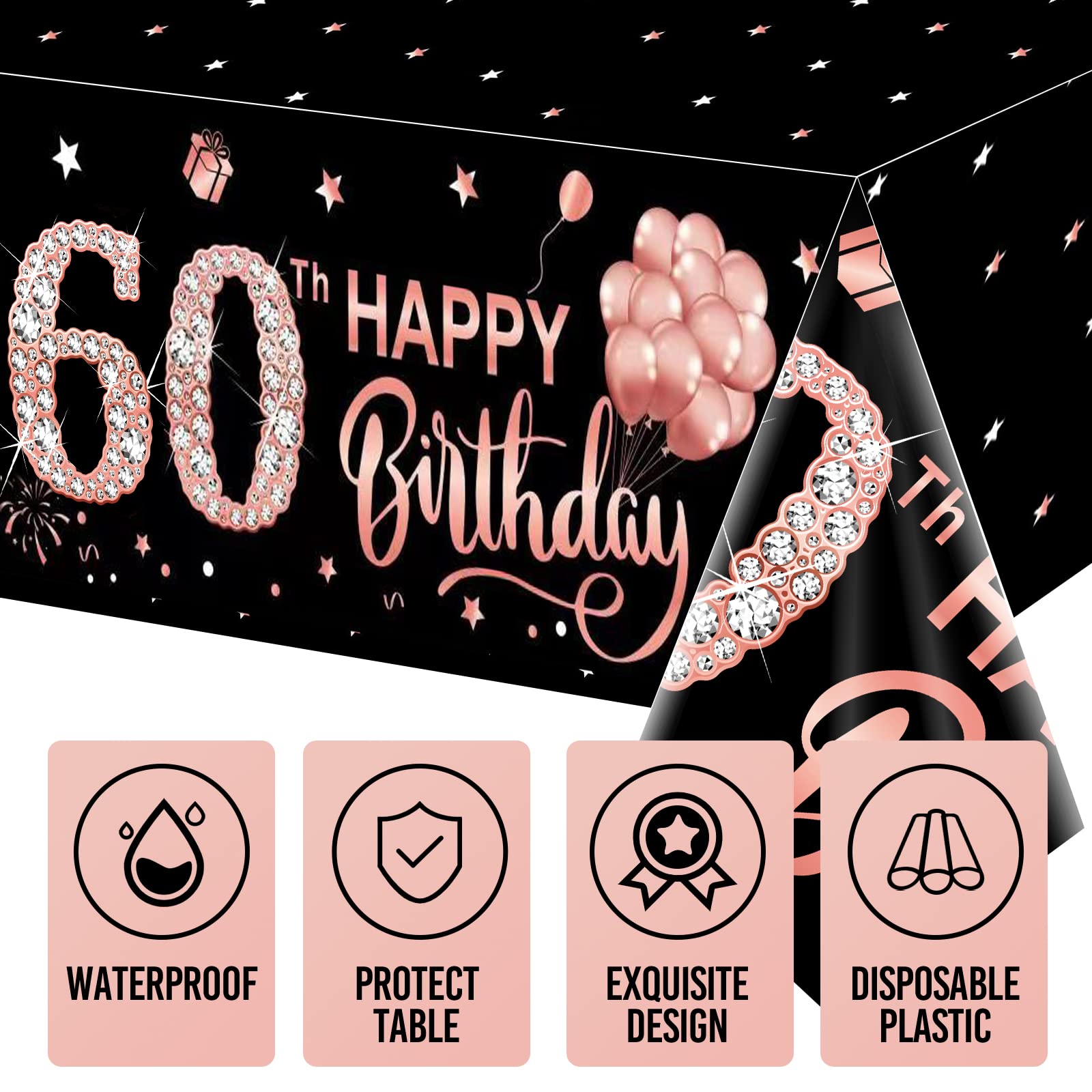 3 Pack 60th Birthday Tablecloth Decorations for Women, Pink Rose Gold Happy Sixty Birthday Theme Table Cover Party Supplies, 60 Year Old Birthday Plastic Disposable Rectangular Table Cloth Decor