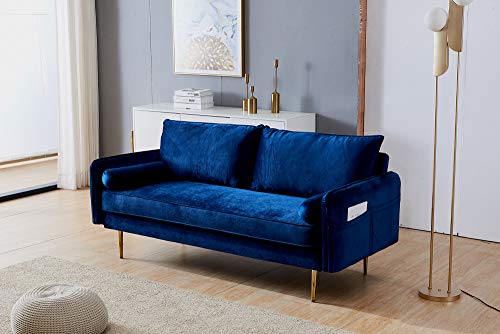 JULYFOX Blue Velvet Fabric Sofa Couch, 71 inch Wide Mid Century Modern Living Room Couch with Side Storage Fashion Golden Legs for Small Spaces