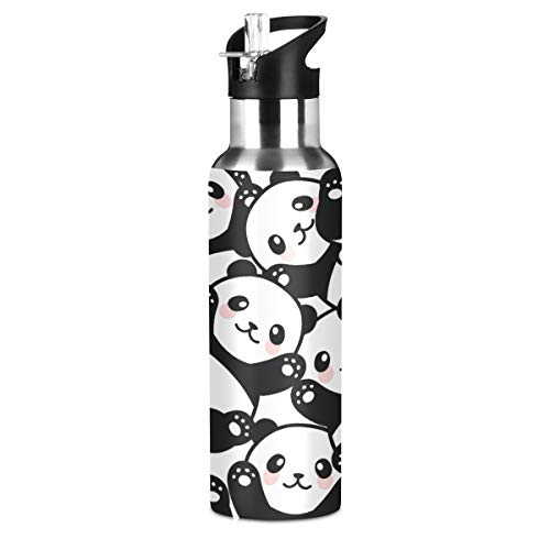WELLDAY Water Bottle Cartoon Panda Double Wall Vacuum Insulated Flask Stainless Steel with Straw Lid 20oz