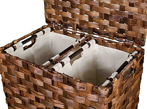 BIRDROCK HOME Abaca Divided Flat Weave Laundry Hamper with Bags - Hand Woven Clothes Basket - Sorter Hampers - Espresso