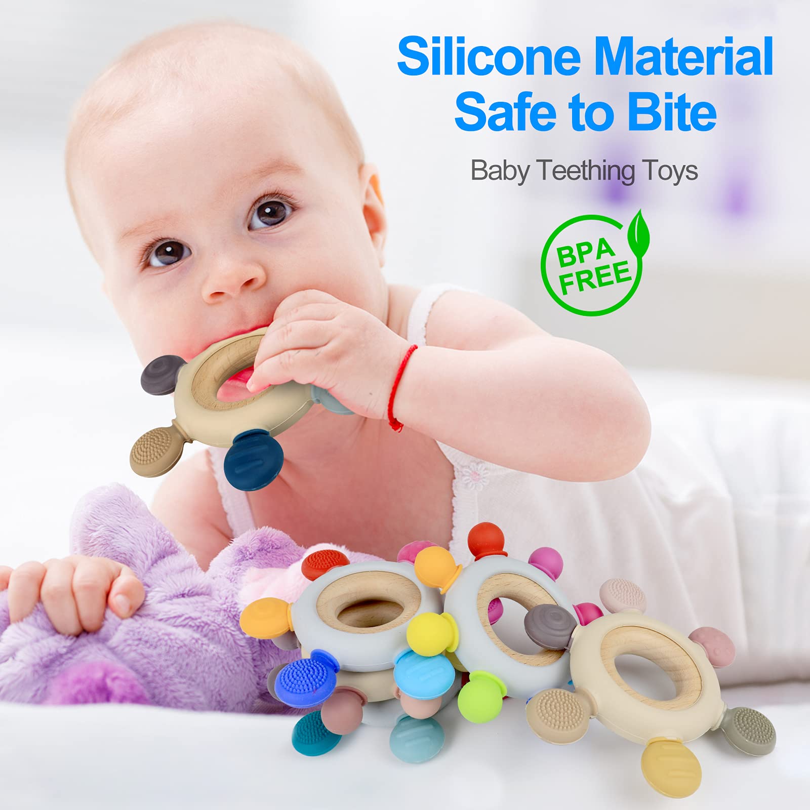 Arudyo Baby Teething Toys Silicone Teethers BPA Free Silicone Rudder with Wooden Ring Soothe Babies Gums (Gray)