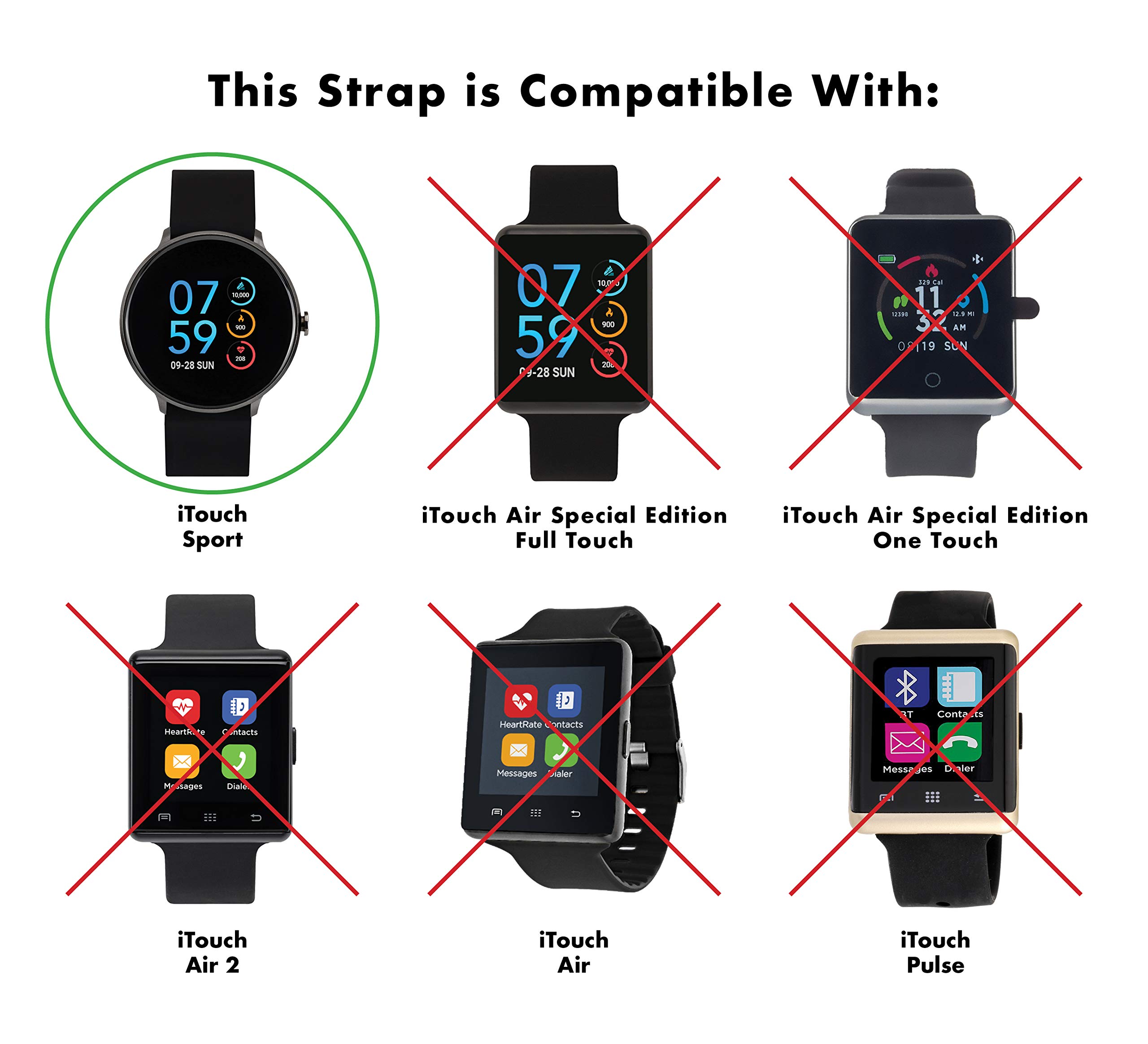 iTouch Sport Solid Silicone Smartwatch Straps, Replacement Smartwatch Straps, Solid Silicone Straps for Smartwatches, Compatible ONLY with The iTouch Sport Smartwatch (Red)