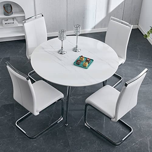 44.8" Round Dining Table for 4-6, Imitation Marble Grain Wood Round Kitchen Table with Plating Adjustable Heigh Legs, Suitable for Living Room, Kitchen & Dining Room, Waiting Room, White