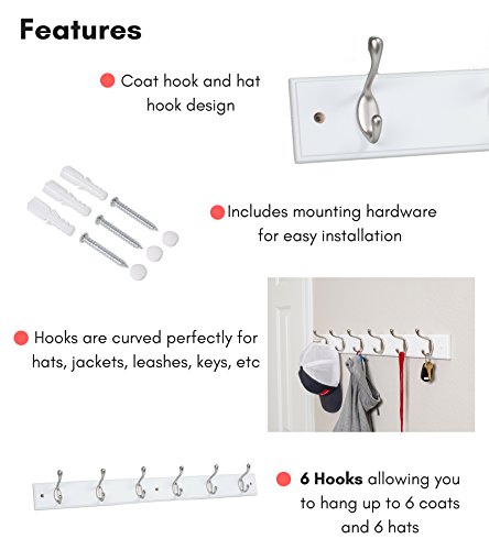 BIRDROCK HOME Hook Coat and Hat Rack - 2 Pack - 6 Hooks - 27 Inches - Wall Mount - Decorative Home Storage - Entryway Foyer Hallway Bathroom Bedroom Rail - Satin Nickel Hooks - White Pine Bathroom