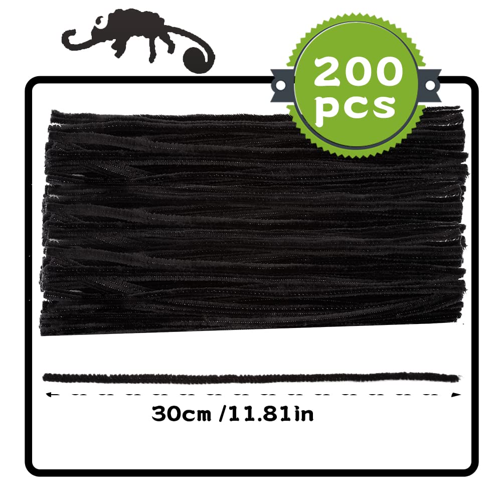 200 Pieces Pipe Cleaners Chenille Stem, Black Pipe Cleaners Set Craft Pipe Cleaners St. Patrick's Day Pipe Cleaners Chenille Stems for DIY Art Crafts Decorations Supplies (Black)
