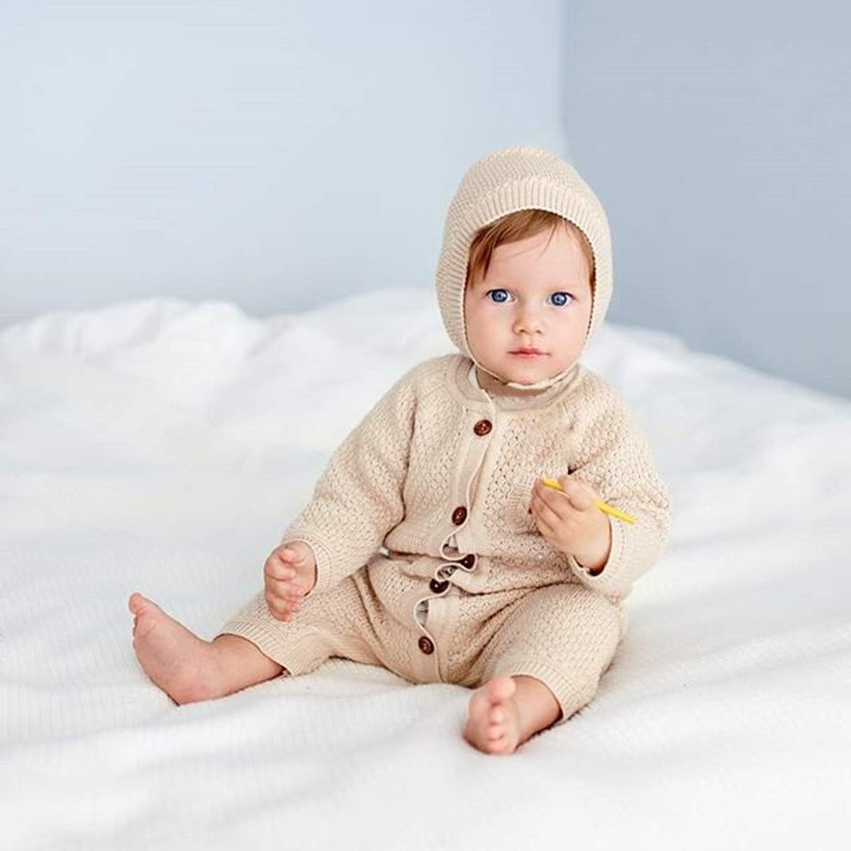 mimixiong Cotton Baby Romper Newborn Baby Knitted Clothes Longsleeve Sweater Outfit for Boy and Girls with Warm Hat Set Camel