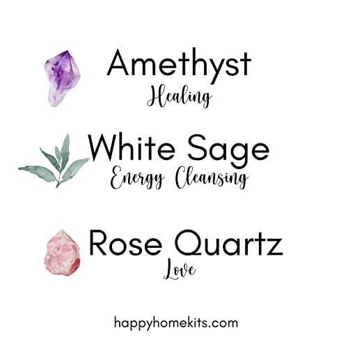 White Sage Smudge Candle with Rose Quartz and Amethyst Gemstone Crystals 100% Natural Soy Essential Oils (Lavender)