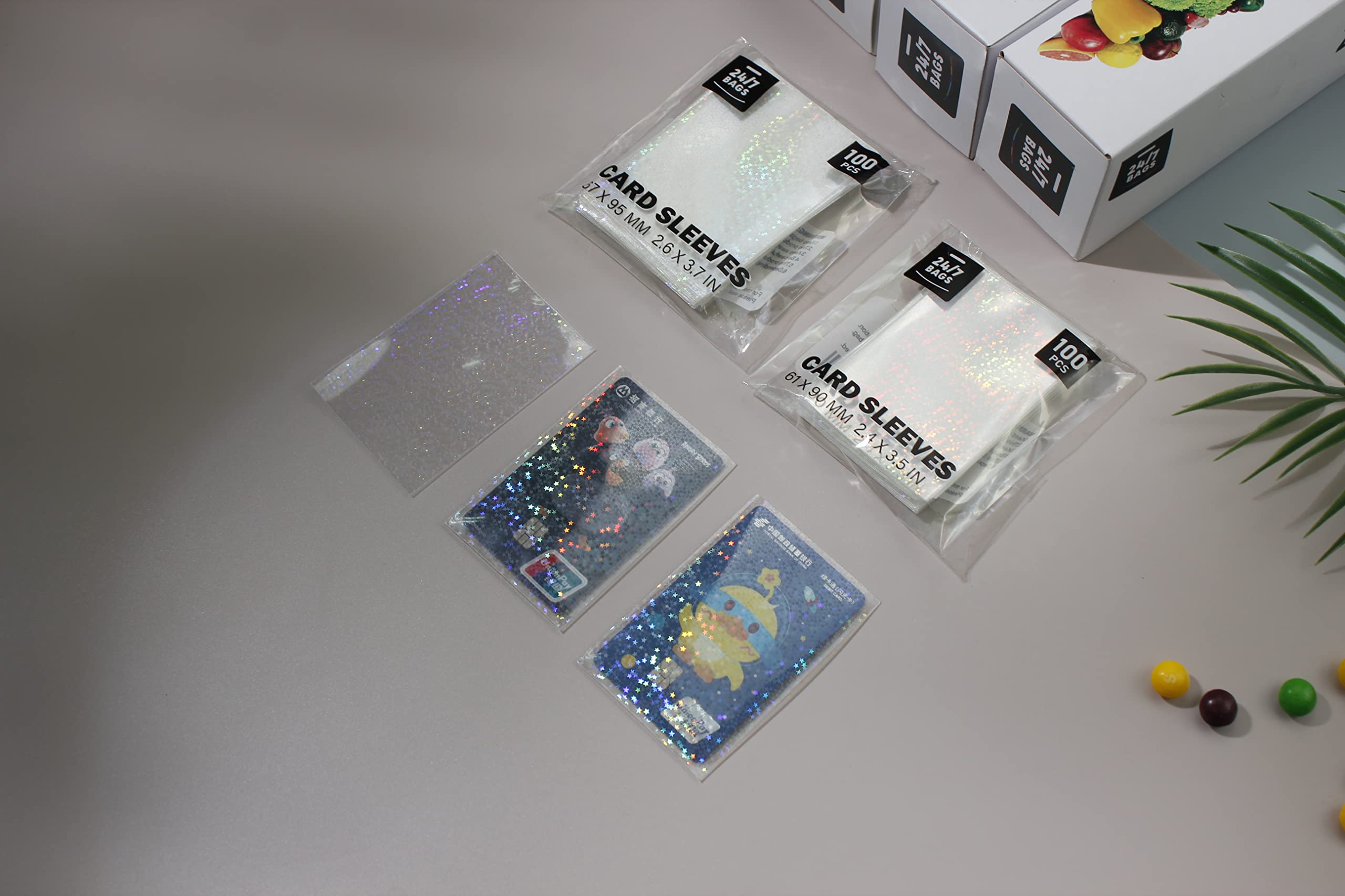 200 Top Entry Card Sleeves, 2.6βx3.7β .1 MM Thick, PVC-Free, Clear Front & Holographic Back, TCG & Collection Cards