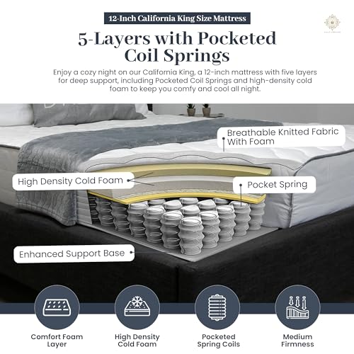 California King Mattress - 12 Inch Cool Memory Foam & Spring Hybrid Mattress with Breathable Cover - Comfort Tight Top - Rolled in a Box - Oliver & Smith