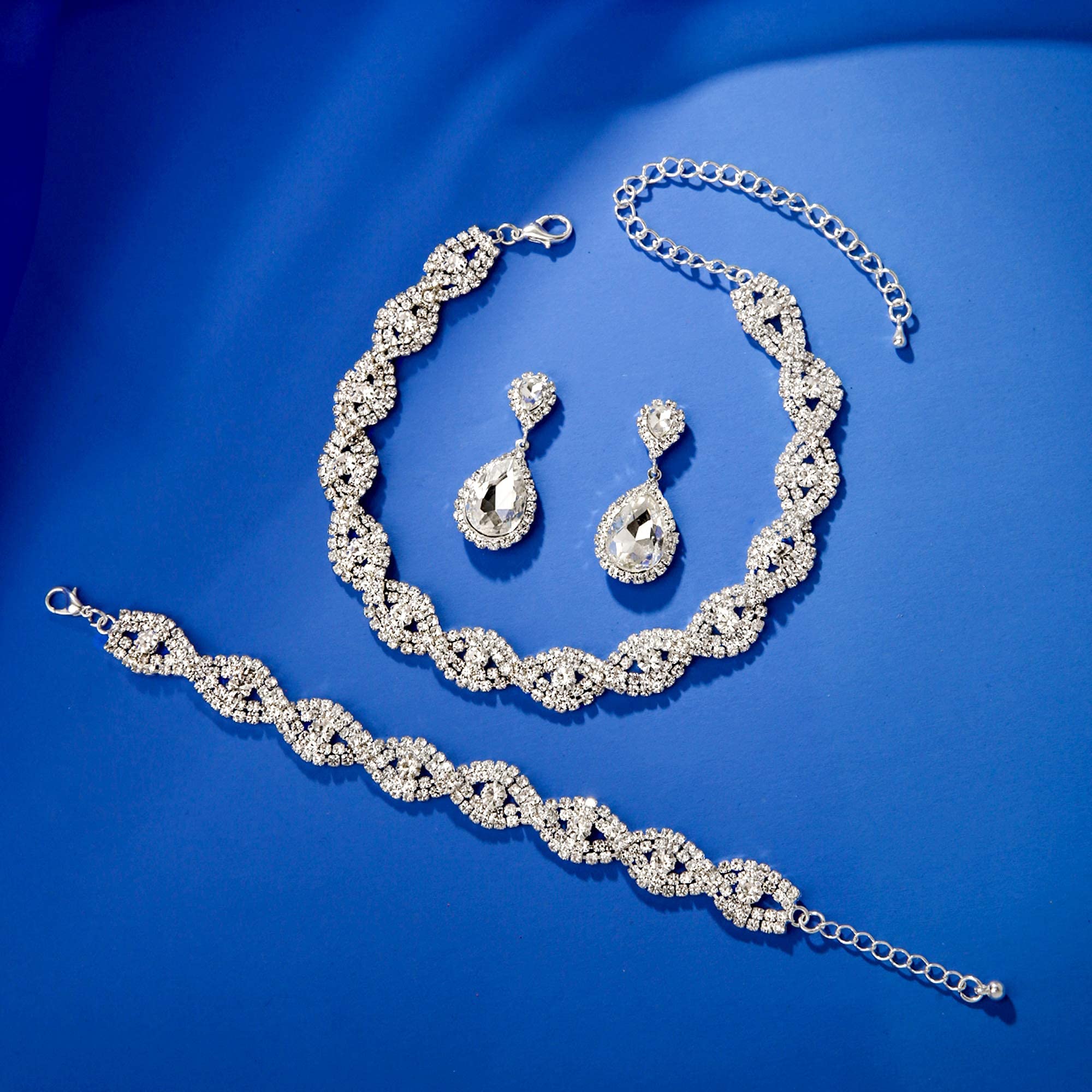 3 Pack Bridal Rhinestone Crystal Statement Choker Necklace Link Bracelet and Teardrop Dangle Earrings Jewelry Set