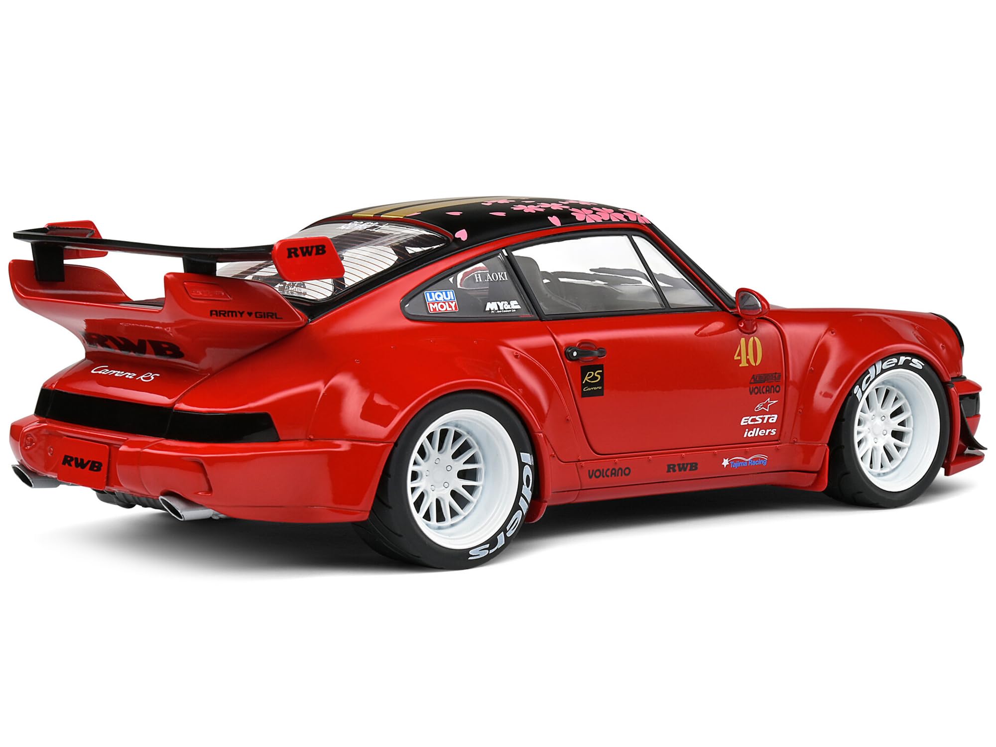 2021 RWB Bodykit #40 Red with Gold Stripes, Black Top and Cherry Blossom Graphics Red Sakura 1/18 Diecast Model Car by Solido S1807506