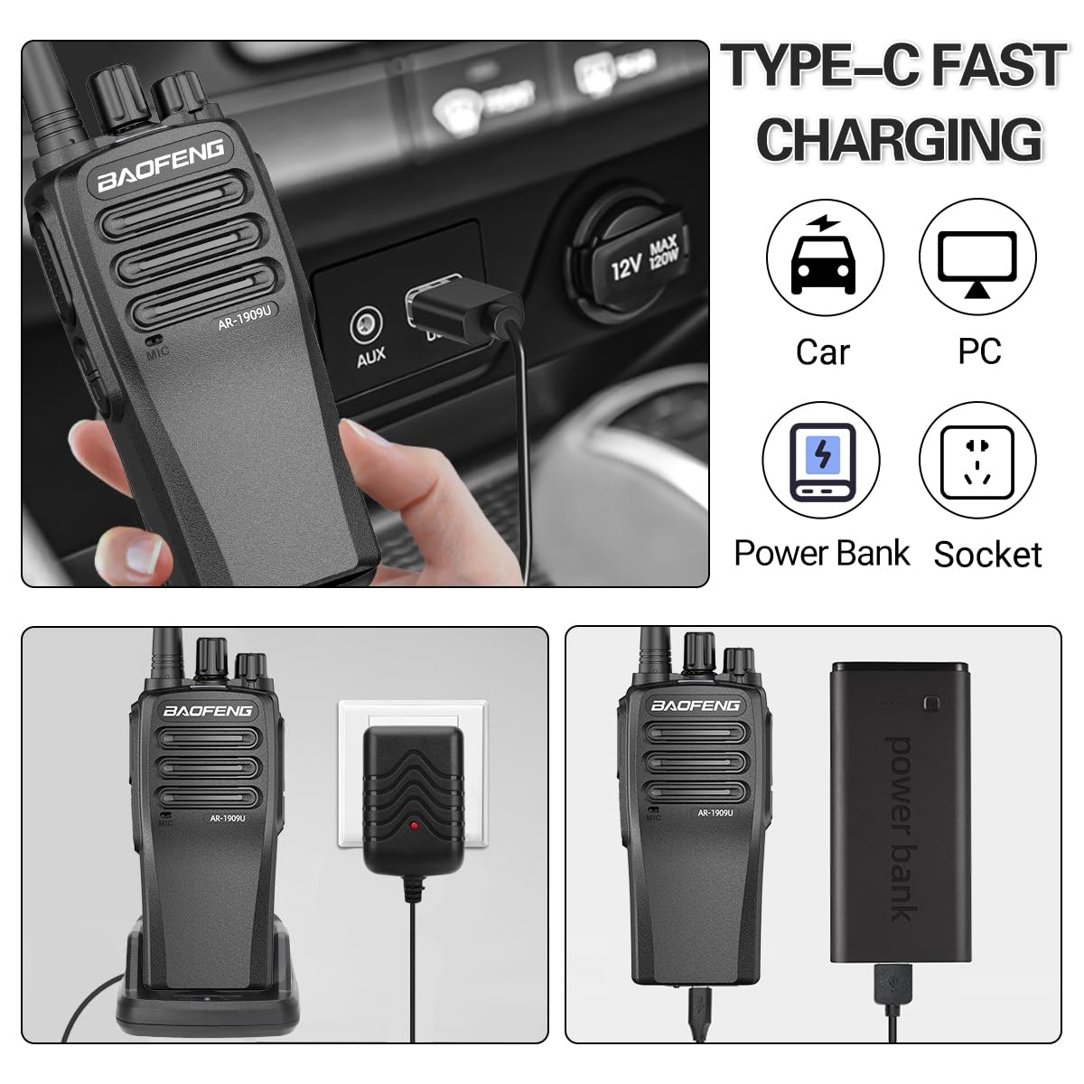 2Pack Baofeng AR-1909U Powerful Walkie Talkie Long Distance Ham Radio Handheld Portable Two Way Radio with AR-771 Antenna Type-C Charging Cable