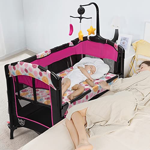 BABY JOY 4 in 1 Pack and Play, Baby Bedside Sleeper with Bassinet, 3 Adjustable Heights, Music Box, Easy to Install, Foldable Bedside Crib w/Changing Table, Playards from Newborn to Toddlers