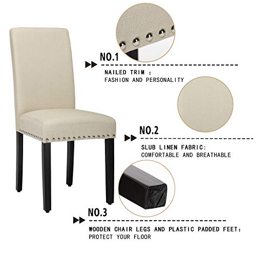 LSSBOUGHT Upholstered Dining Chairs with Solid Wood Legs and Nailed Trim Set of 4 (Beige)