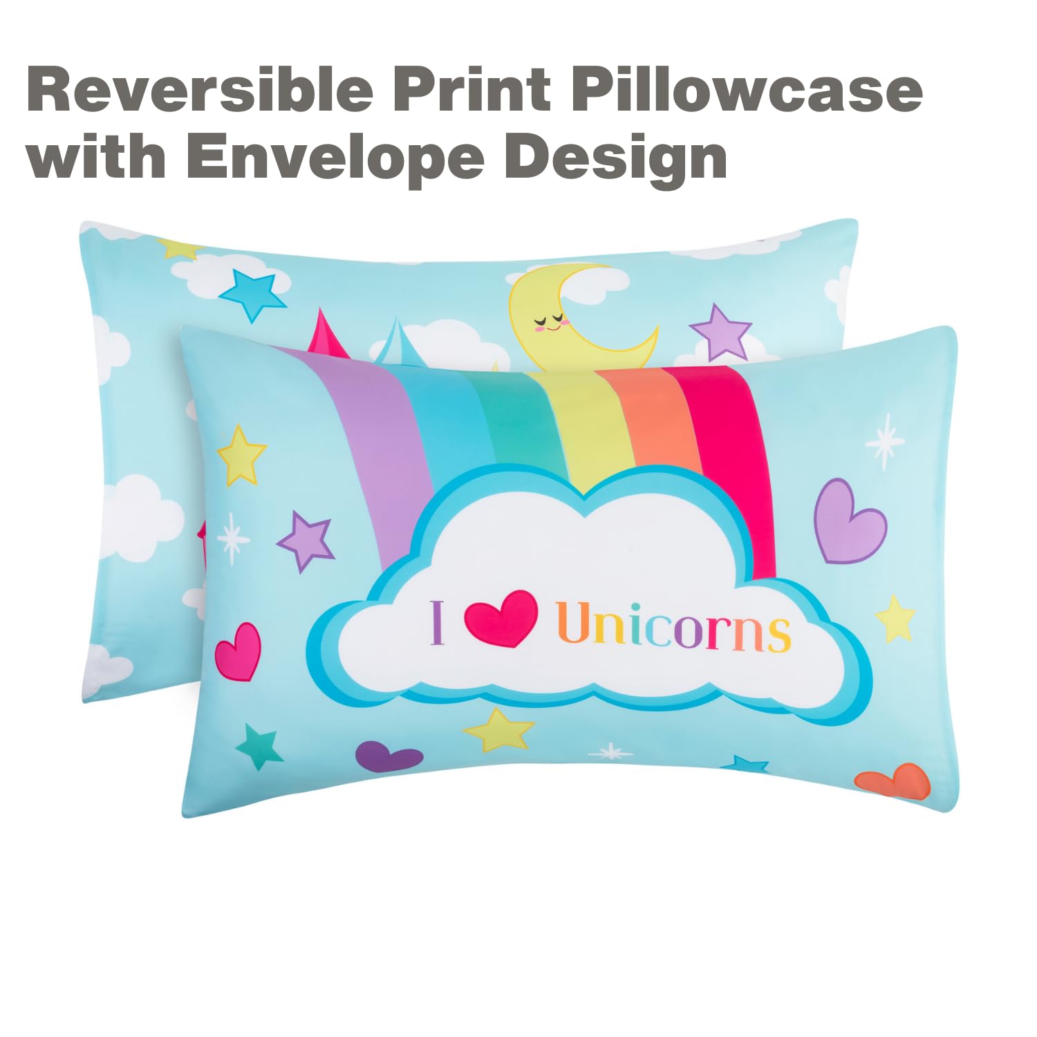 EVERYDAY KIDS 4 Piece Toddler Bedding Set - Unicorn Dreams - Includes Comforter, Flat Sheet, Fitted Sheet and Reversible Pillowcase