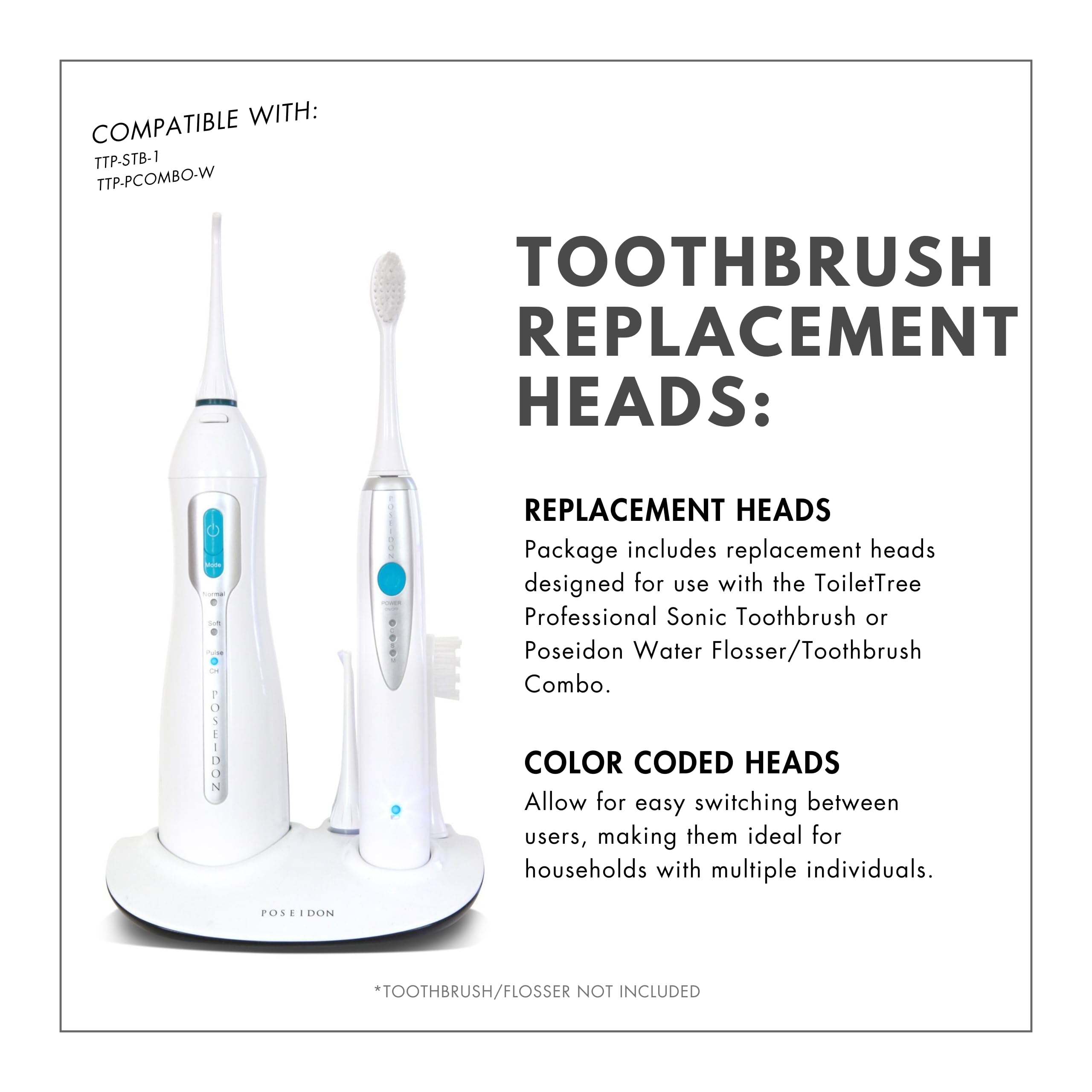 ToiletTree Products Poseidon Replacement Brush Heads for Poseidon Rechargeable Sonic Toothbrush, 8 Pack