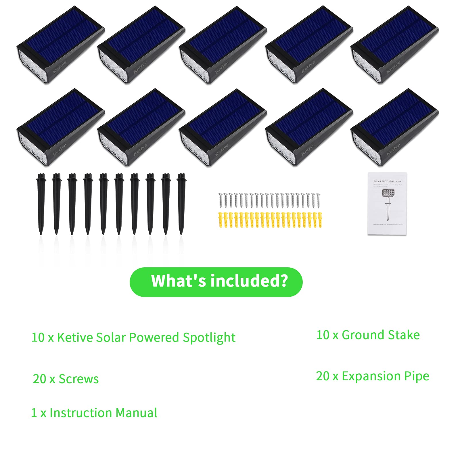 ketive Solar Outdoor Lights Garden, 15 LEDs Bright Solar Landscape Spotlights Waterproof, Auto-ON/Off Last a Whole Night Yard Lights, Cold White, 10 Pack
