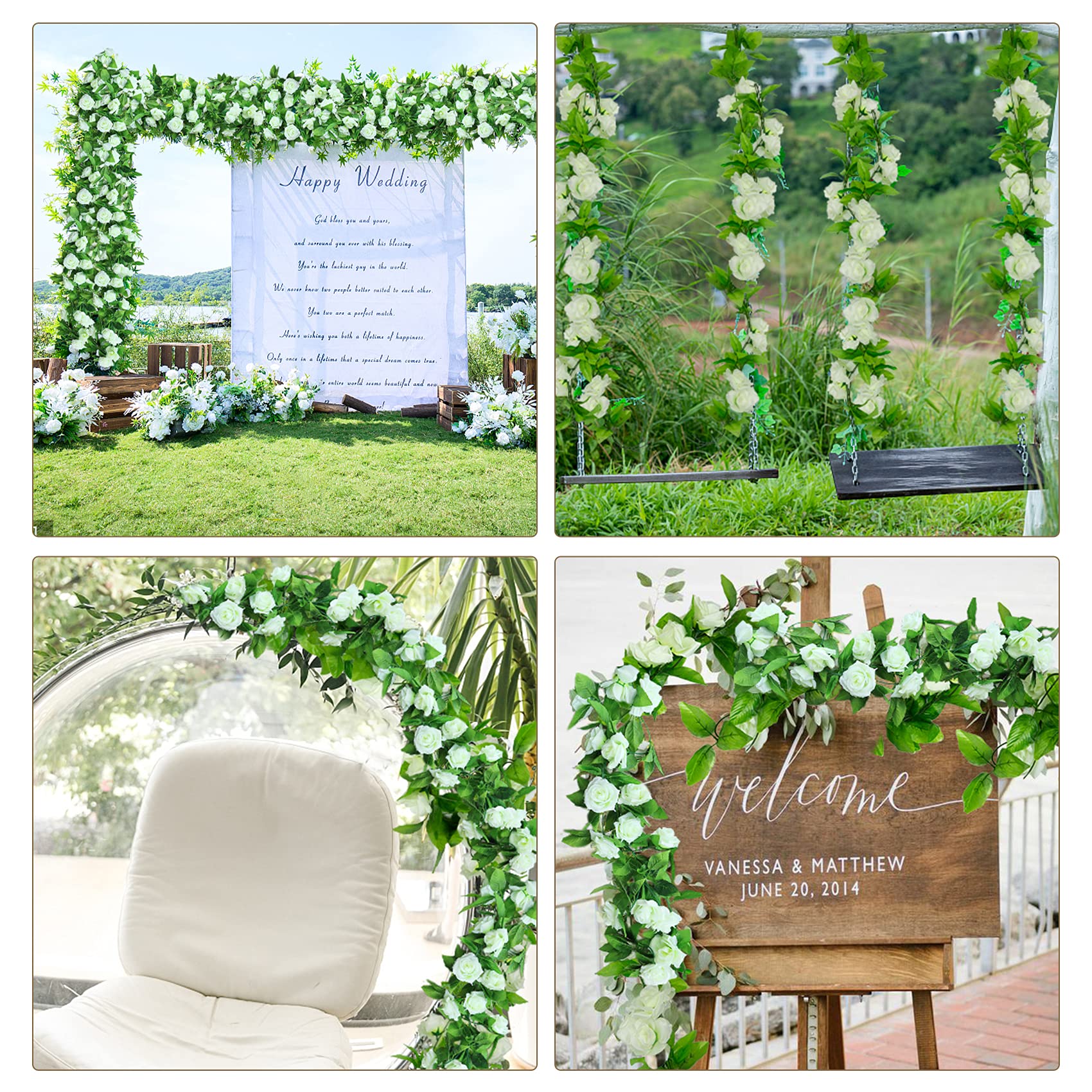 ASHINER 5 Pack 37.5 FT Artificial White Flower Garlands Fake Rose Vines Fall Decor Faux Floral Wall Hanging Plants for Wedding Arch Garden Home Party