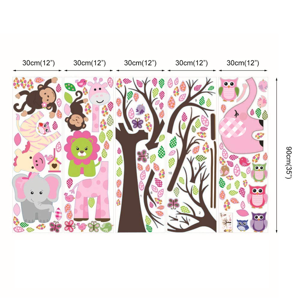 ufengke Animal Tree Wall Stickers Pink Elephant Giraffe Wall Decals Art Decor for Kids Bedroom Nursery DIY