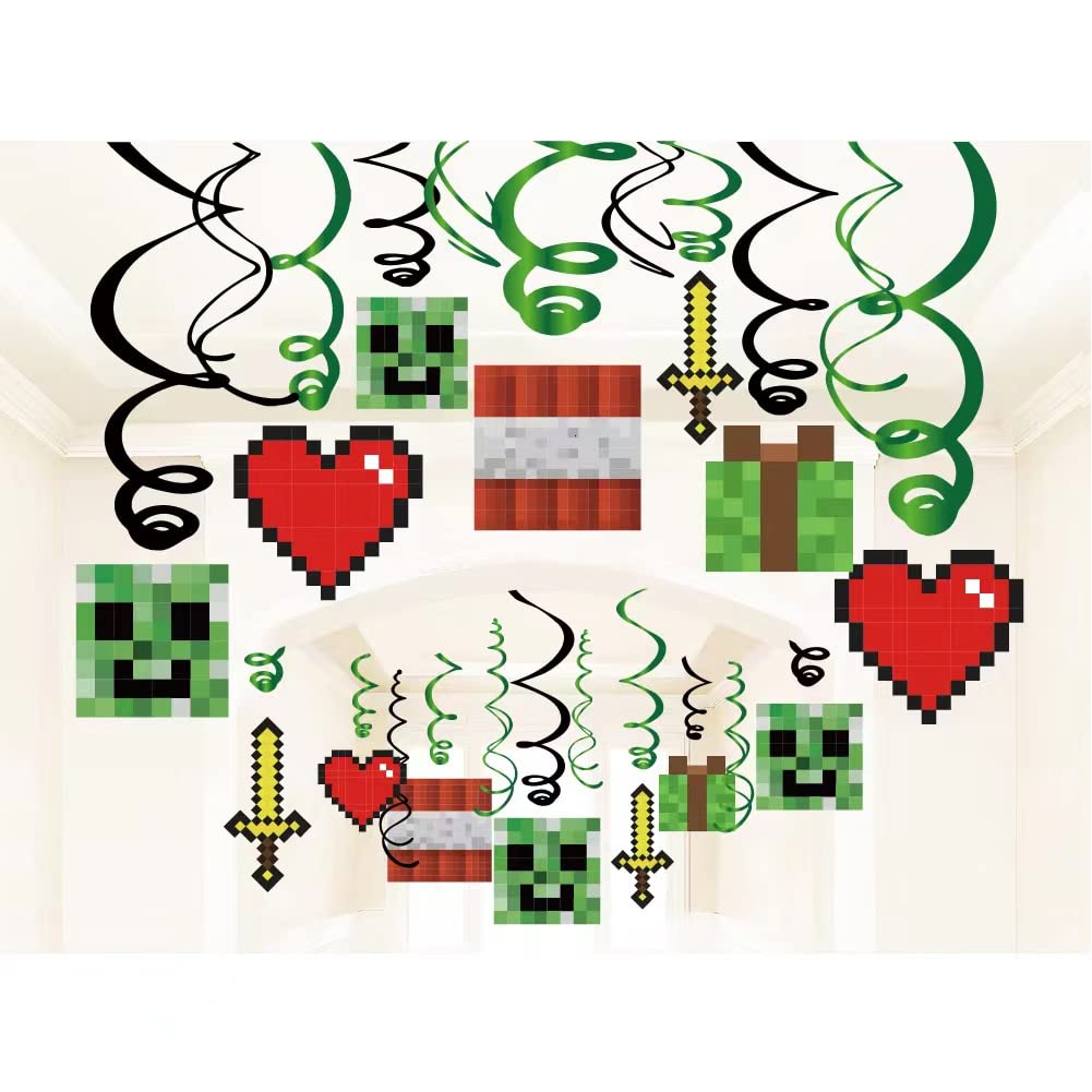 30Ct Pixel Mine Hanging Swirl Decorations - Pixel Mine Birthday Party Supplies Fan Decors