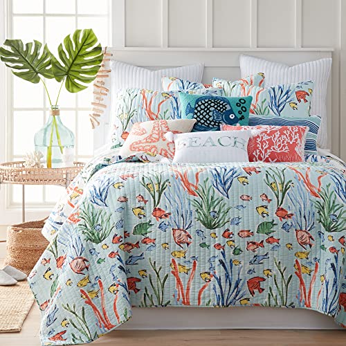 Levtex home - Sancti Petri - Decorative Pillow (18 X 18in.) - Tropical Fish - Navy, Coral, Seafoam Green and White