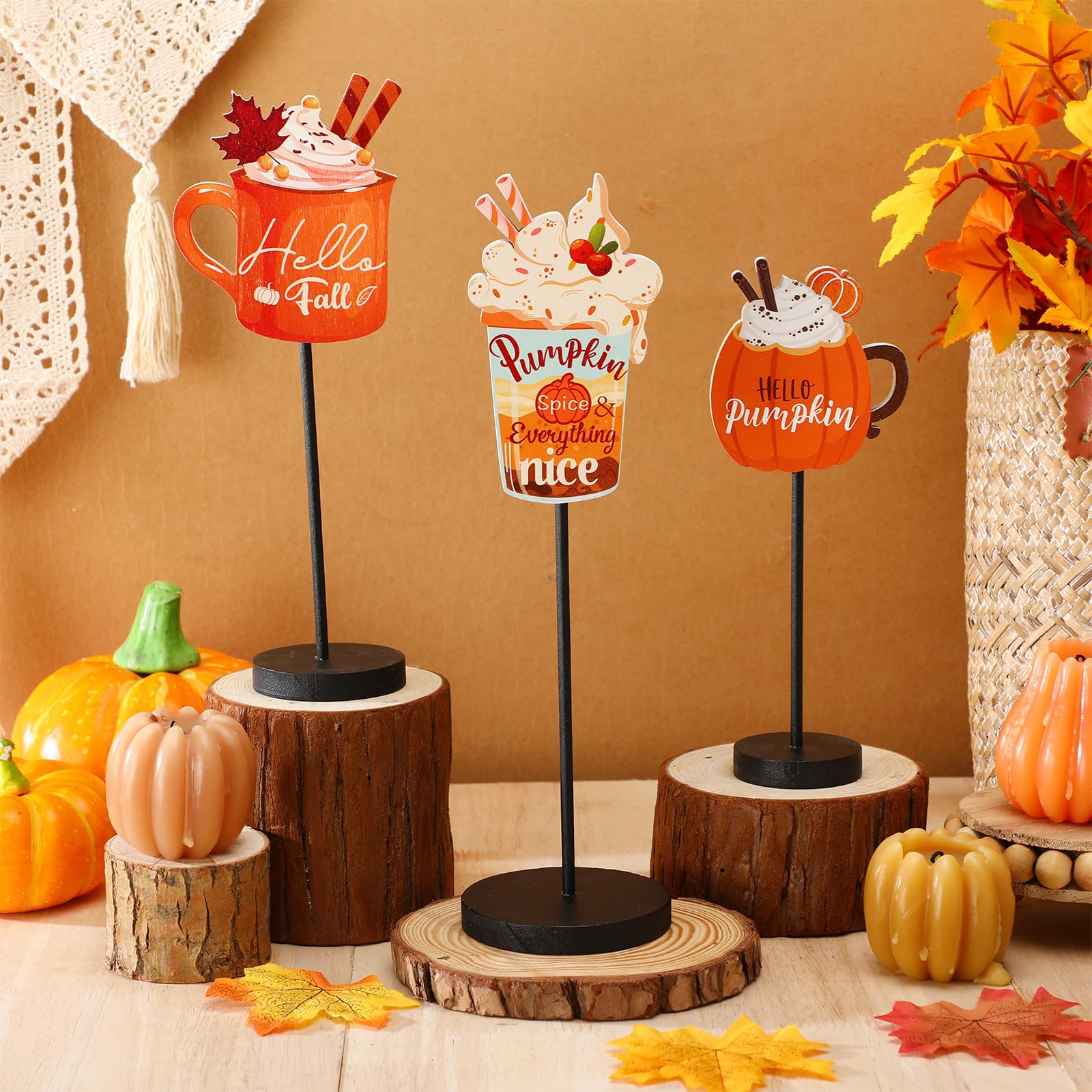 3 Pcs Fall Thanksgiving Wood Table Decor Fall Coffee Bar Decor Pumpkin Mug Maple Leaf Wooden Sign Fall Table Centerpieces for Autumn Thanksgiving Decorations Indoor Outdoor