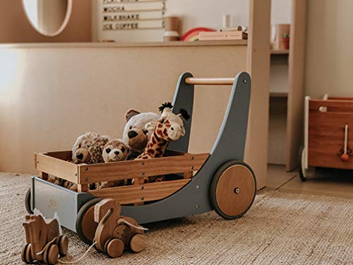 Kinderfeets 2-in-1 Wooden Cargo Walker Cart Wagon with Adjustable Rubber Wheels and Removable Basket for Children and Toddlers (Blue)