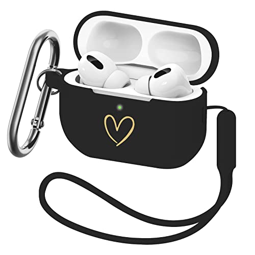AIIEKZ Compatible with AirPods Pro 2 Case Cover 2022, Soft Silicone Case with Gold Heart Pattern for AirPods Pro 2nd Generation Case with Keychain/Lanyard (Black)