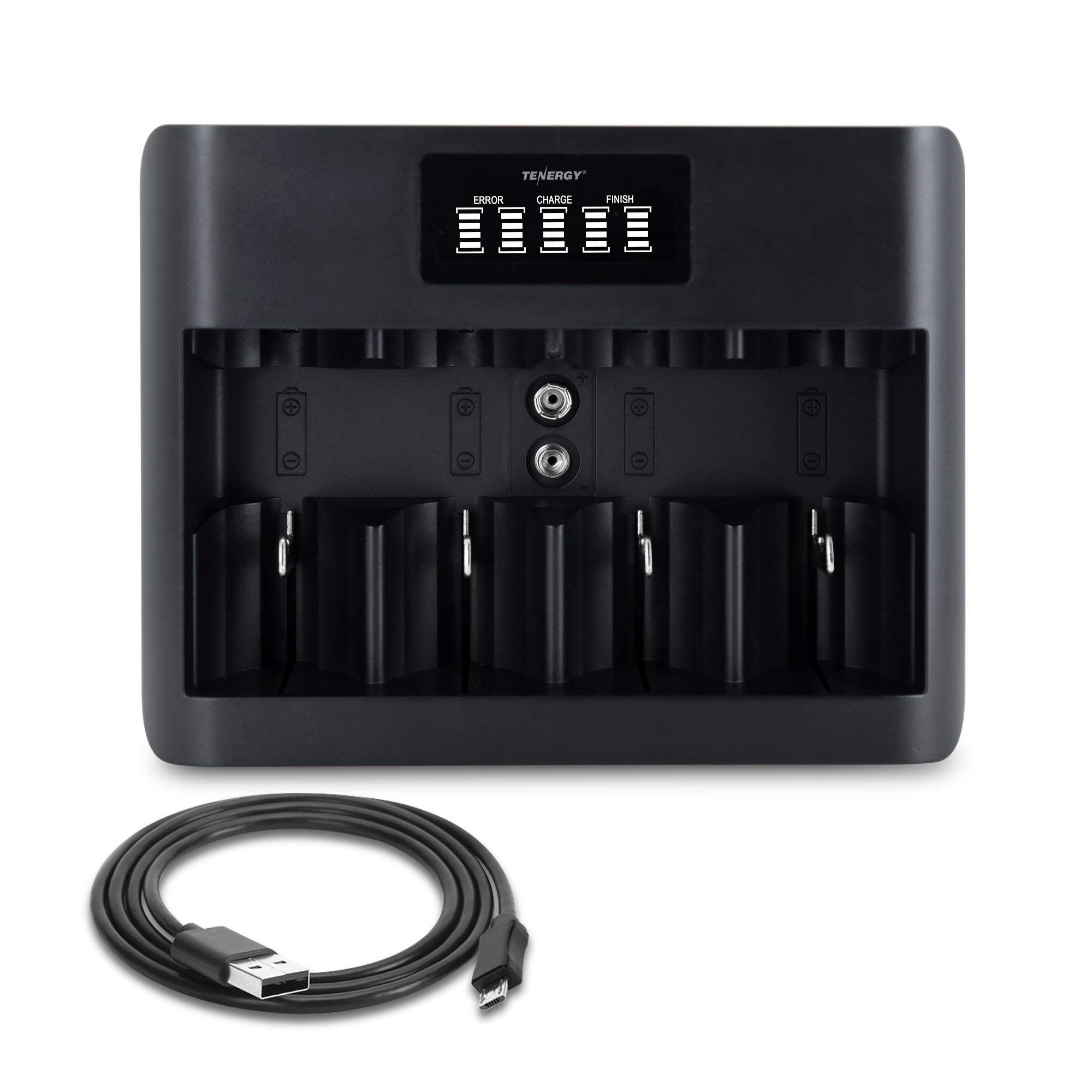 Tenergy TN486U 5-Bay Universal Battery Charger with LCD, Micro USB/Type C Input, for AA, AAA, C, D, and 9V Rechargeable Batteries