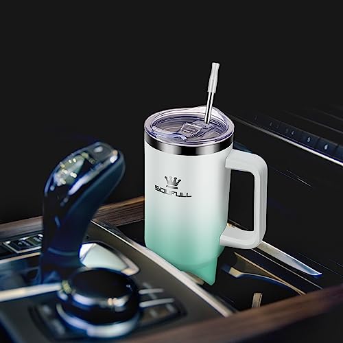 40 oz Tumbler with Handle and Straw Lid, 100% Leak-proof Travel Coffee Mug, Stainless Steel Insulated Cup for Hot Cold Beverages, Keeps Cold for 34Hrs or Hot for 10Hrs, Dishwasher Safe (WhiteGreen)